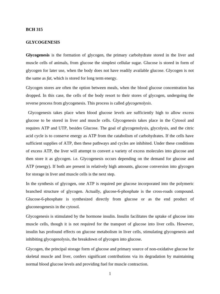 BCH 315 Glycogenesis and Glycogenolysis | PDF | Glycogen | Glucose