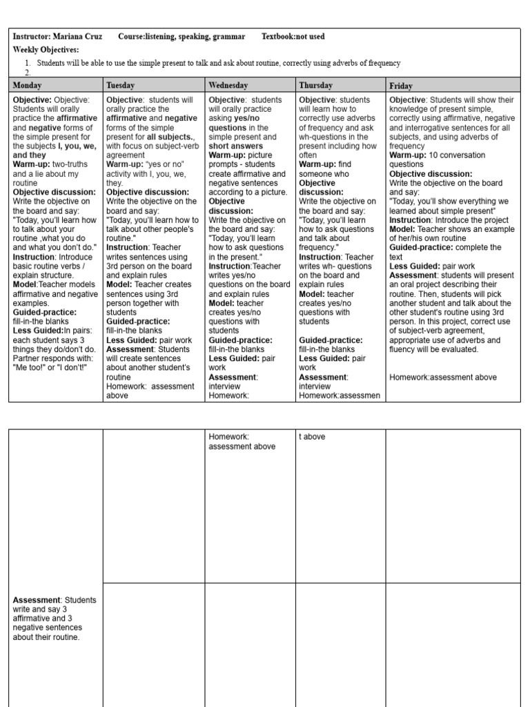 One-week-Lesson-Plan - Template MARIANA CRUZ | PDF | Question | Verb