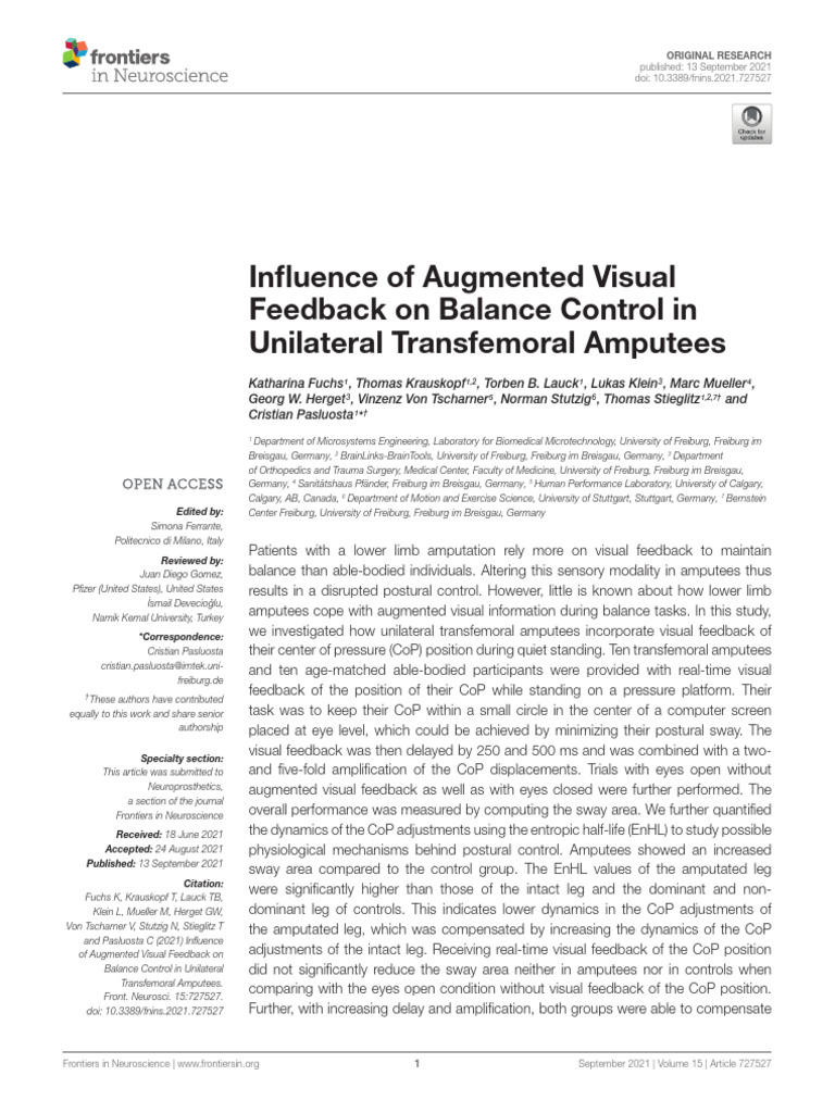Influence of Augmented Visual Feedback On Balance Control in Unilateral ...