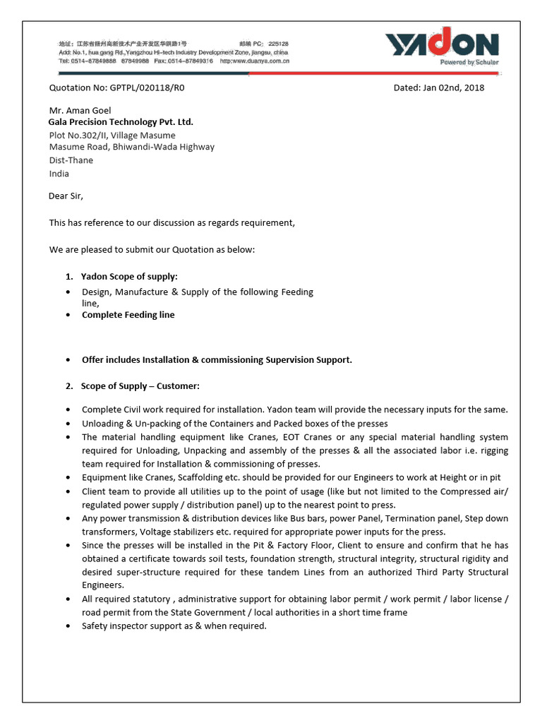 Yadon - Offer - Feeding Line Dtd.02-01-18 | PDF | Legal Liability | Damages