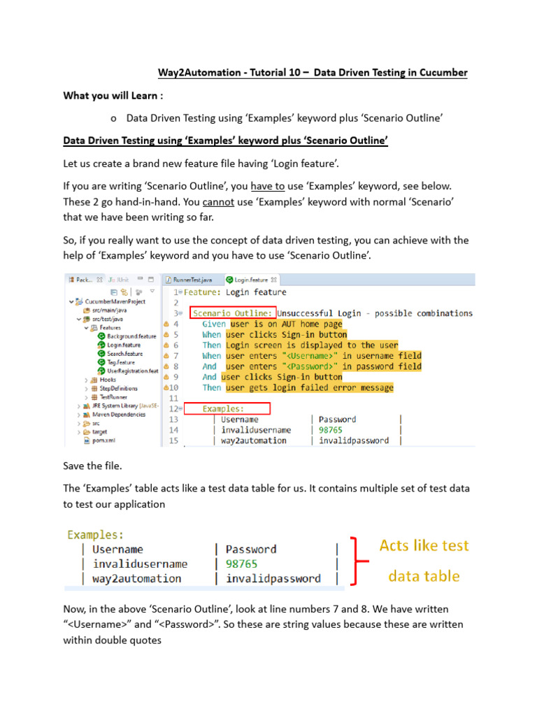 Tutorial 10 Data Driven Testing In Cucumber Scenario Outline Pdf Computer Programming