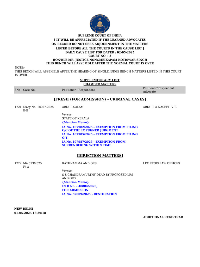 (Fresh (For Admission) - Criminal Cases) : Supplementary List | PDF
