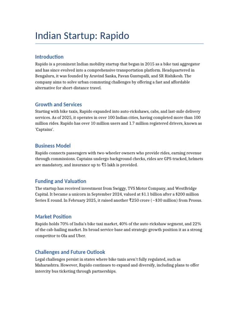 Rapido Startup Profile | PDF