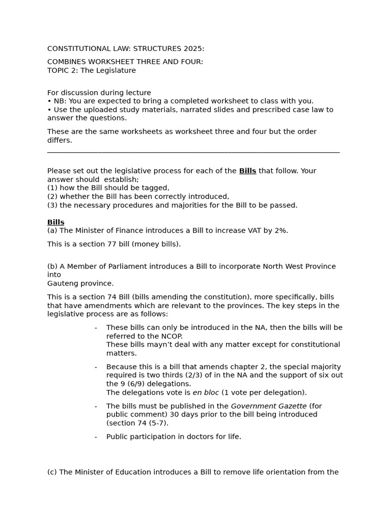 Worksheet On Legislature (Combining Worksheet 3 and 4) - 1 | PDF | Bill ...