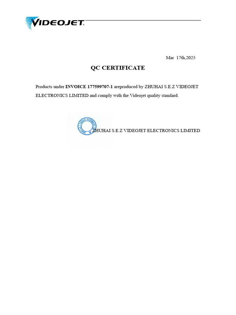 QC Certificate: Mar 17th, 2025 | PDF