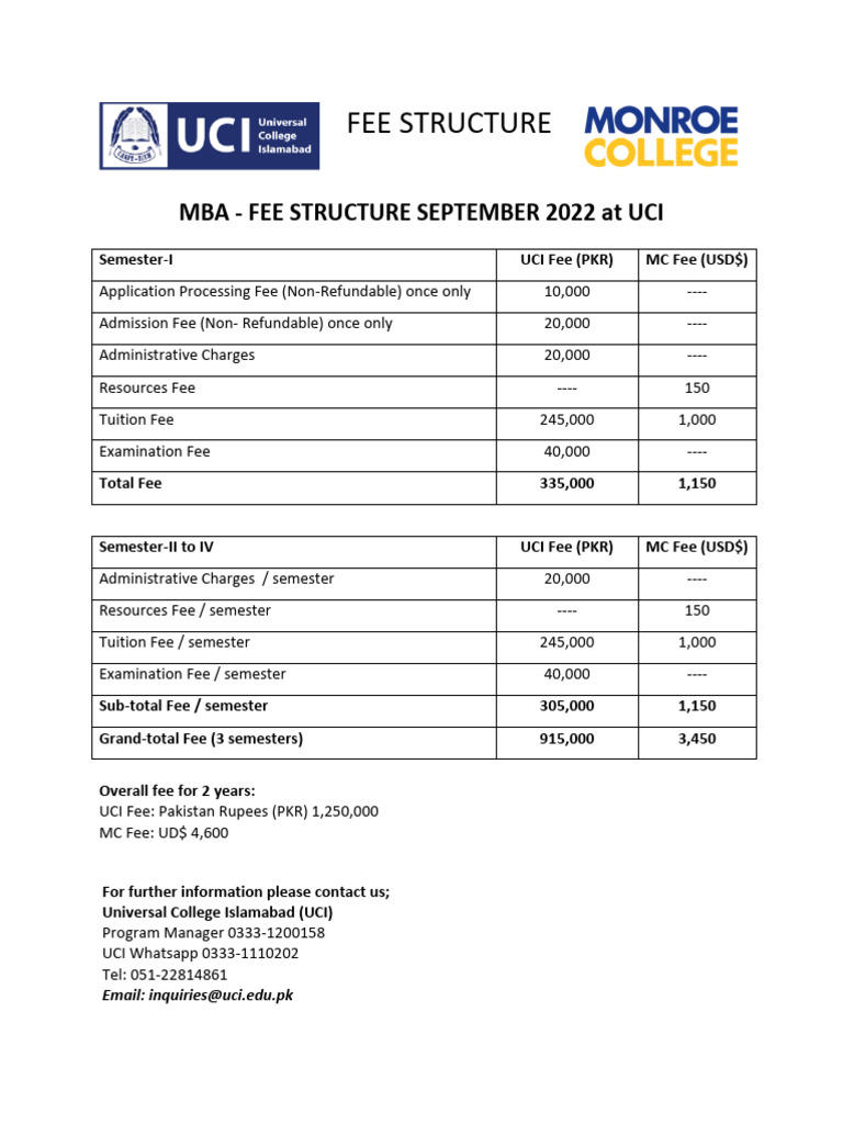 UCI MC MBA Fee Structure | PDF