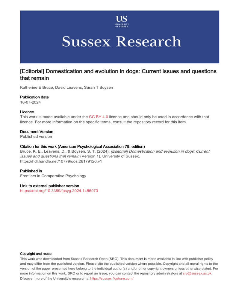 Domestication and Evolution in Dogs - Current Issues and Questions ...