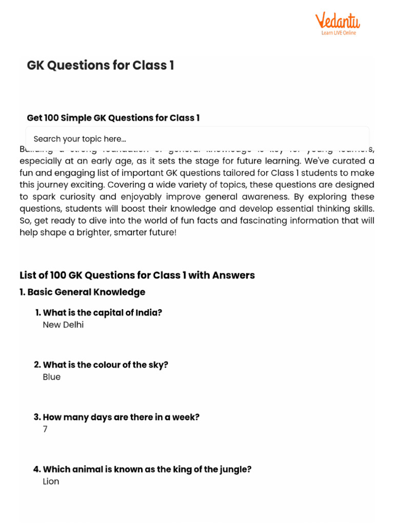 Gk Questions For Class 1 Pdf