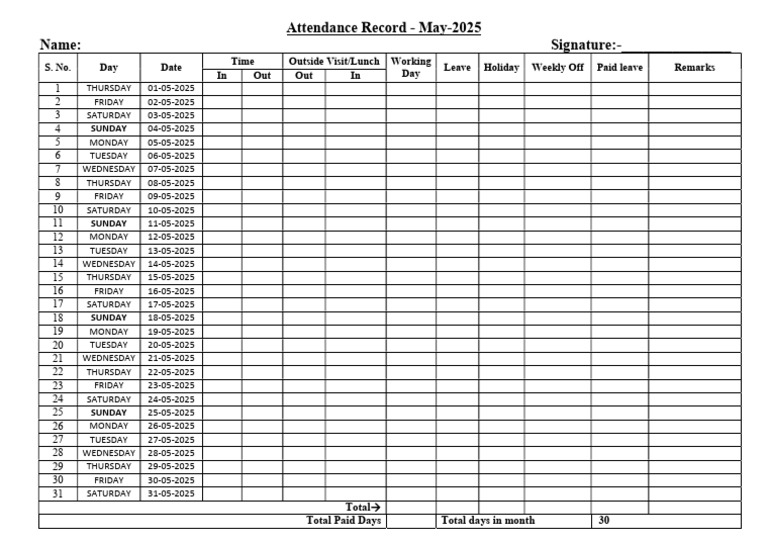 May 2025 Attendance Record | PDF