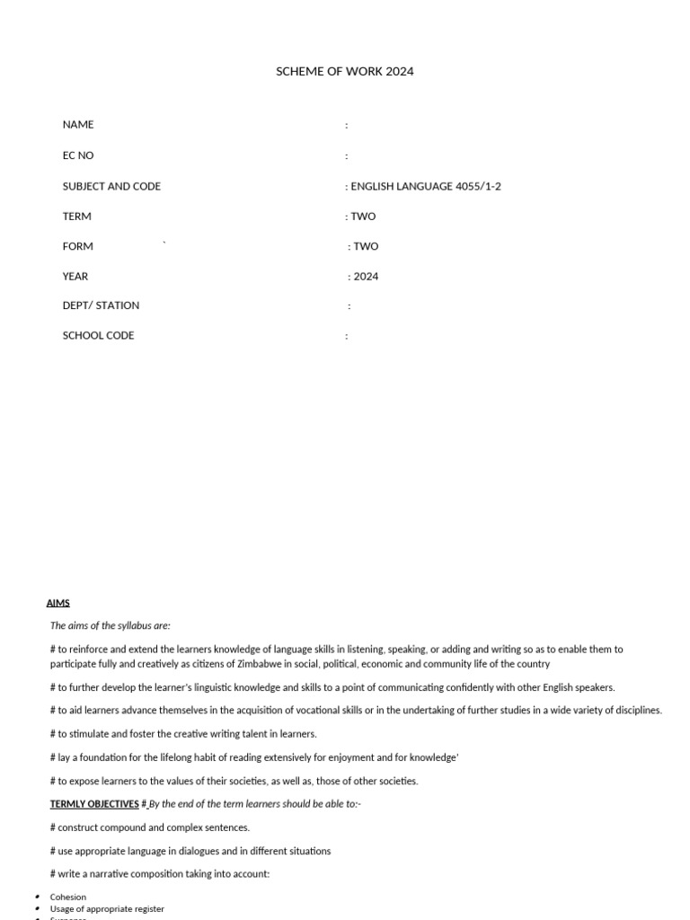 English Language Scheme of Work 2024 | PDF | Reading Comprehension ...