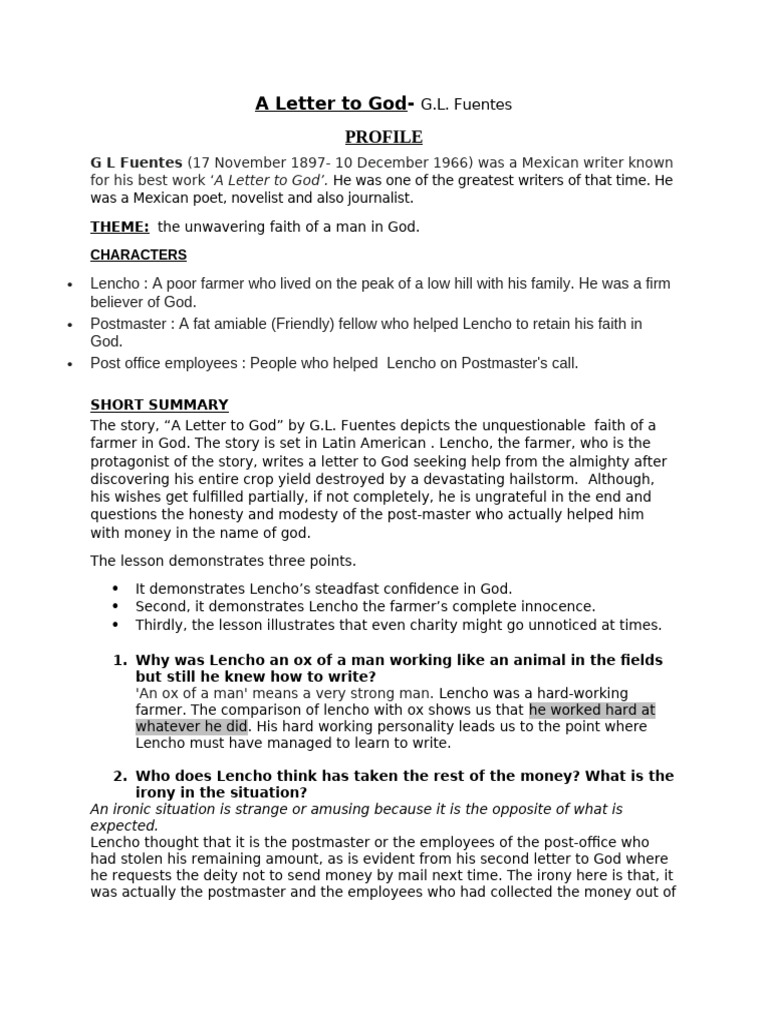 G10 A Letter To God - Notes | PDF