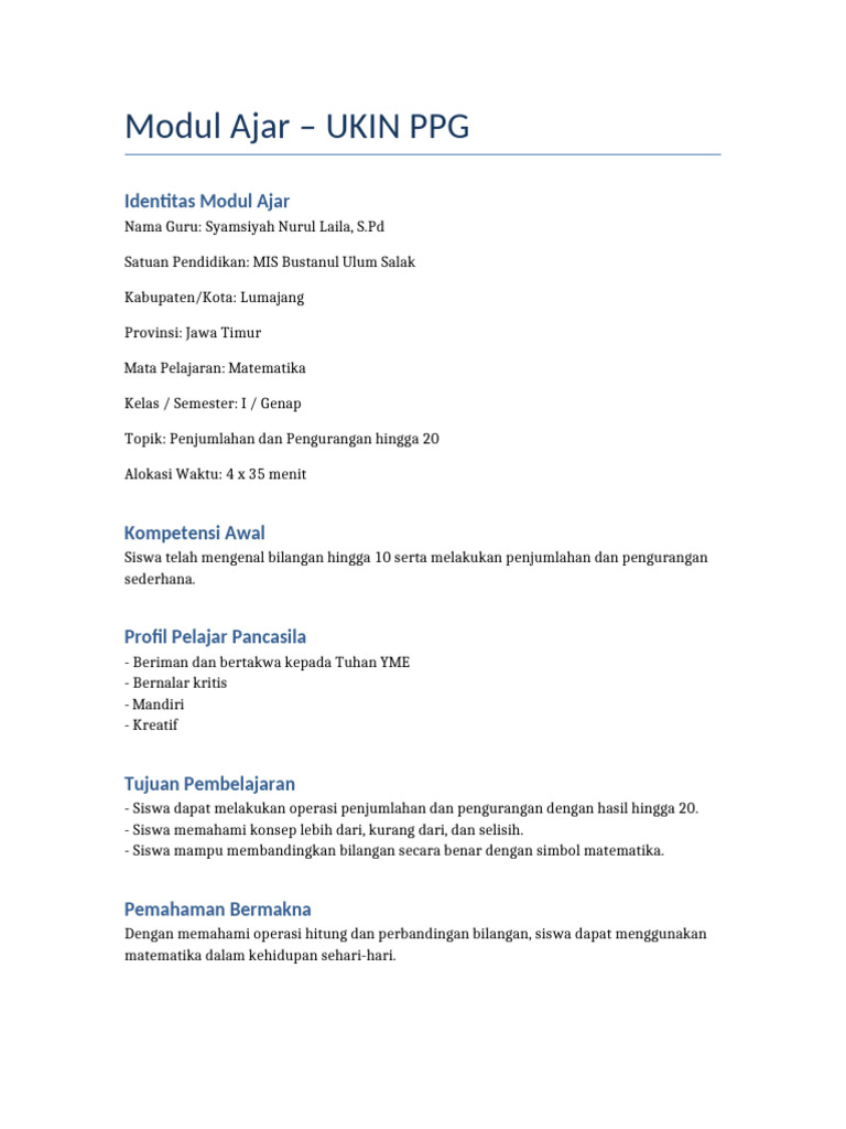 Modul Ajar UKIN PPG Matematika Kelas1 | PDF