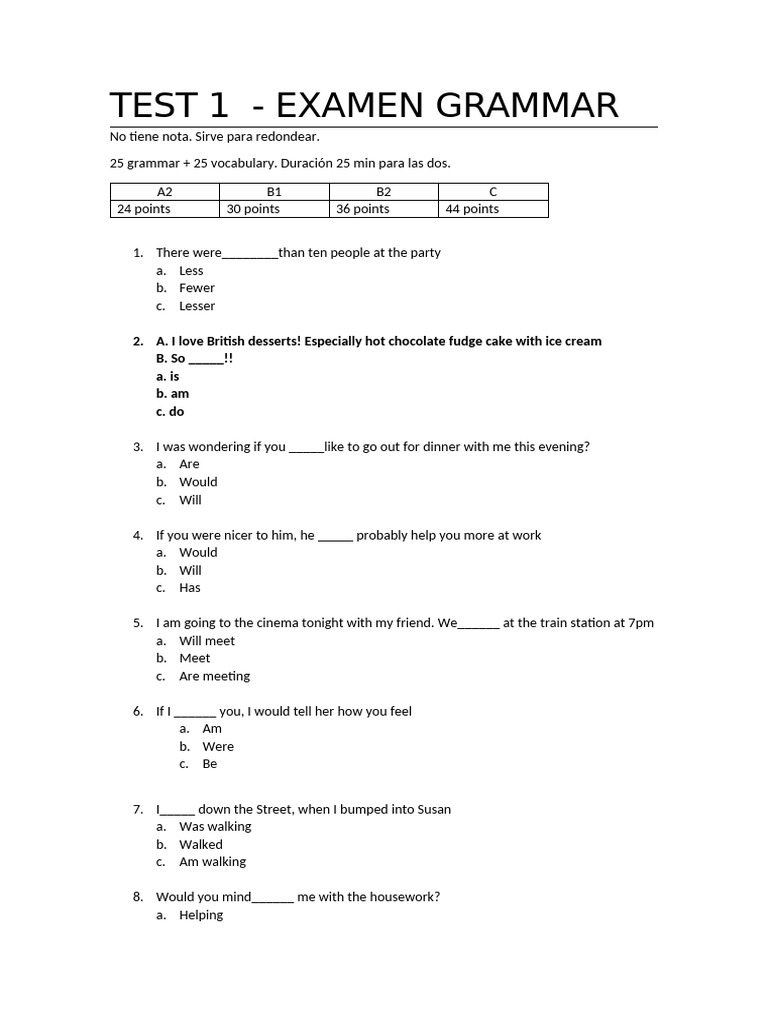 Test 1 - grammar aptis | PDF | Verbo | Semántica