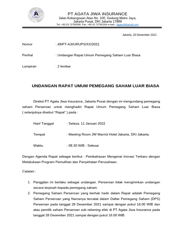 Undangan RUPSLB Praharsa | PDF