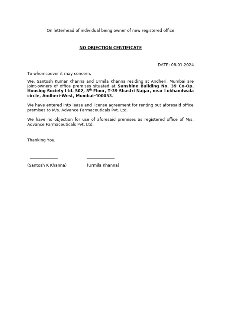 NOC for Advance Farmaceuticals Office | PDF