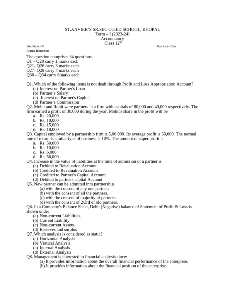 Class 12 PT 2 Sample PPR | PDF | Equity (Finance) | Balance Sheet