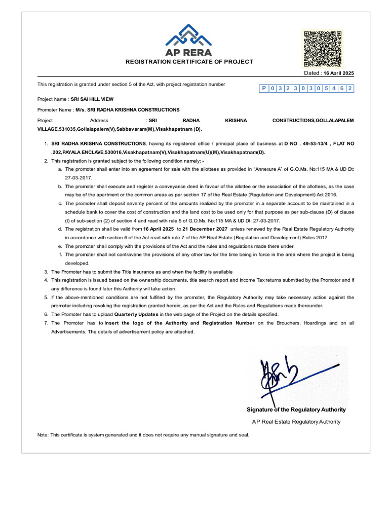 Sri Sai Hill View Registration Certificate | PDF | Private Law