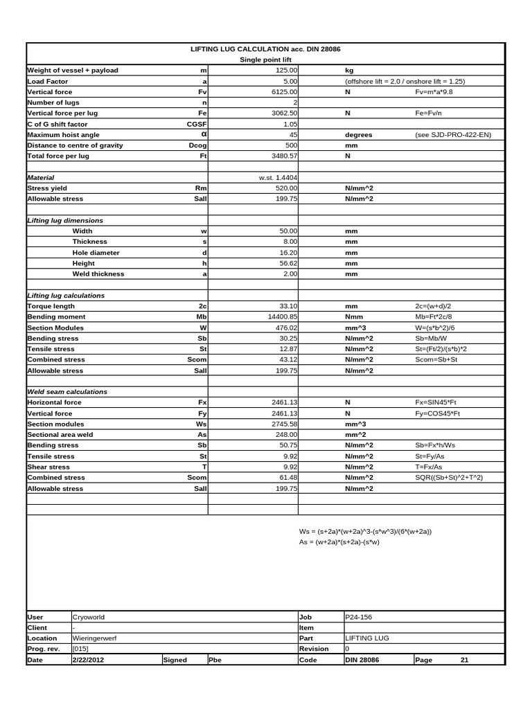 Lifting Lug Calc - DIN 28086-SS | PDF | Bending | Stress (Mechanics)