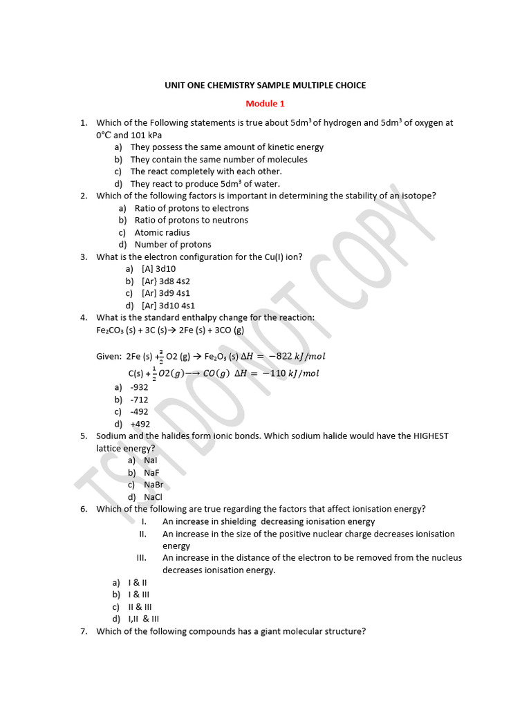 Chemistry Multiple Choice Questions | PDF | Proton | Oxide