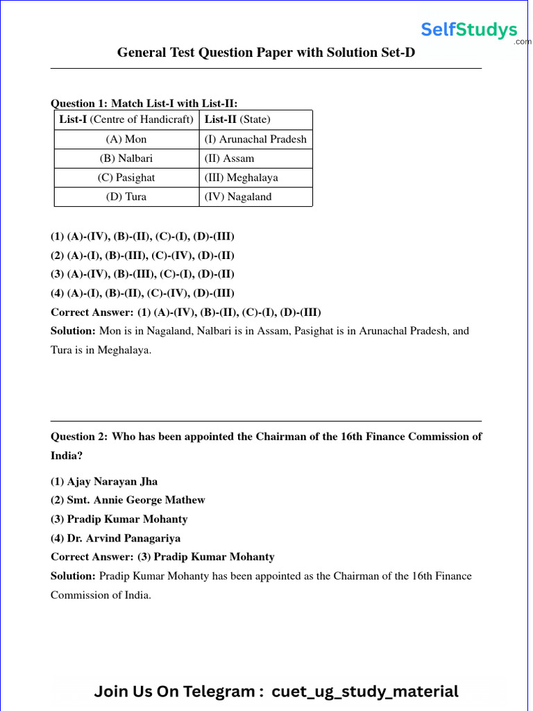 CUET 2024 GAT Paper Set D With Answer Key | PDF