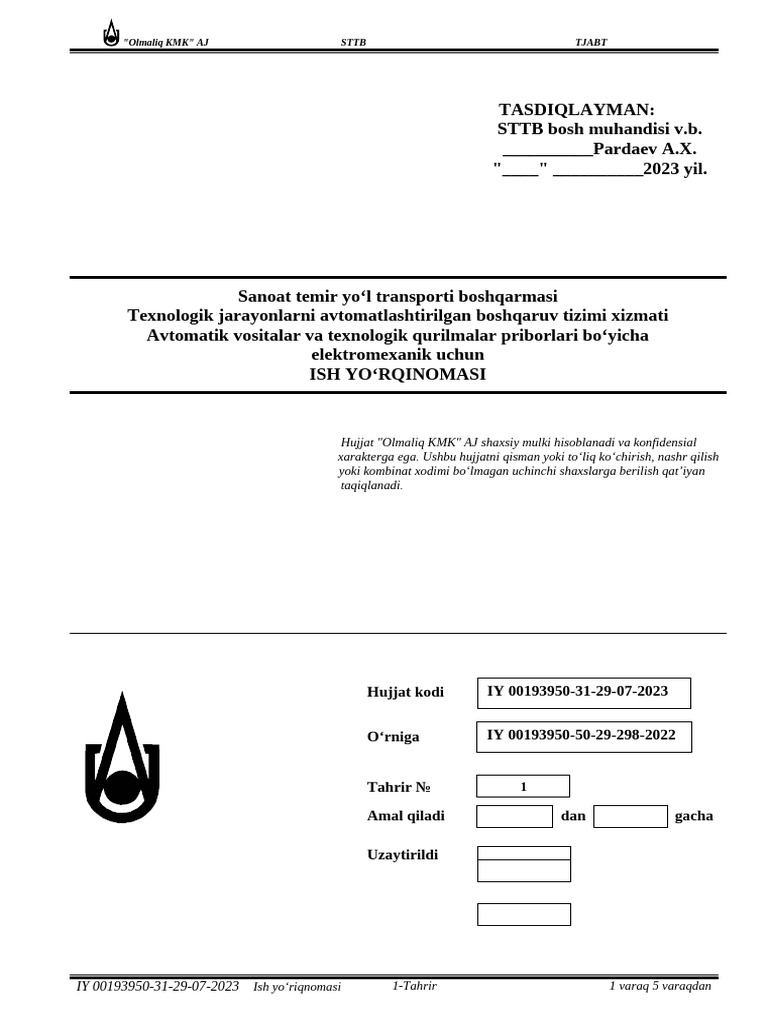 "Olmaliq KMK" AJ STTB Tjabt: Hujjat Kodi O Rniga IY 00193950-31-29-07 ...