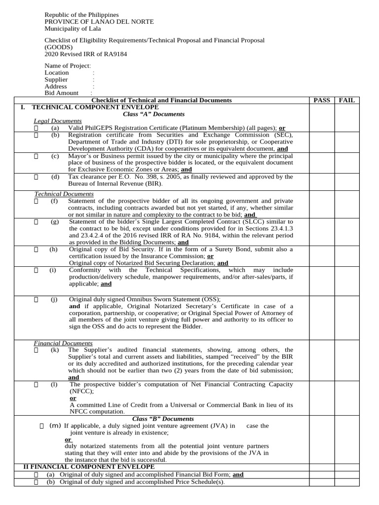 Checklist of Eligibility Requirements GOODS 2020 Revised IRR of RA 9184 ...