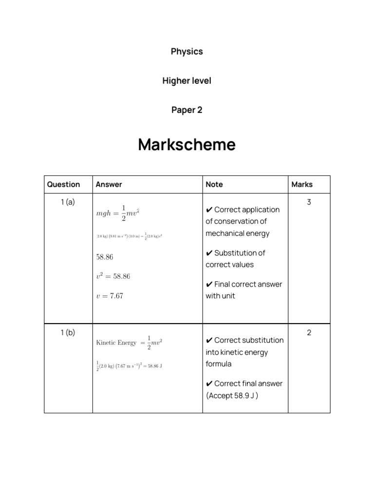 Physics HL Predicted Paper 2 Markscheme | PDF | Kinetic Energy | Force