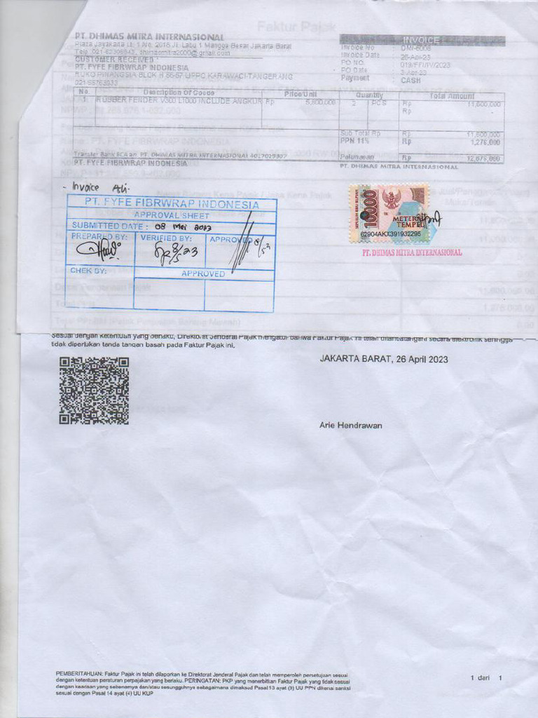 FP - 26042023 - Rubber Fender V300 2 Unit Prj. Plengsengan - PT. Dhimas Mitra Internasional | PDF