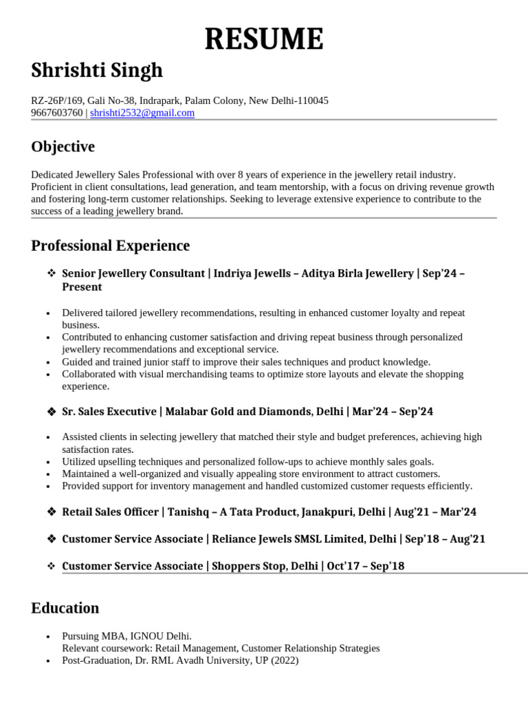 Jewellery Sales CV of Shrishti Singh | PDF | Retail | Business Process