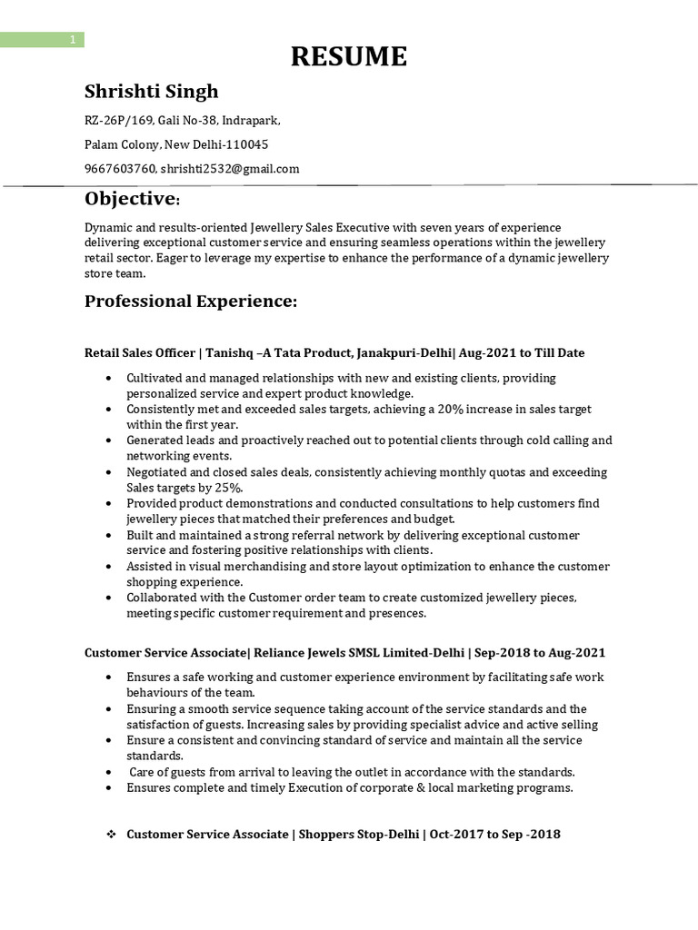 Shrishti Singh Resume | PDF | Retail | Sales