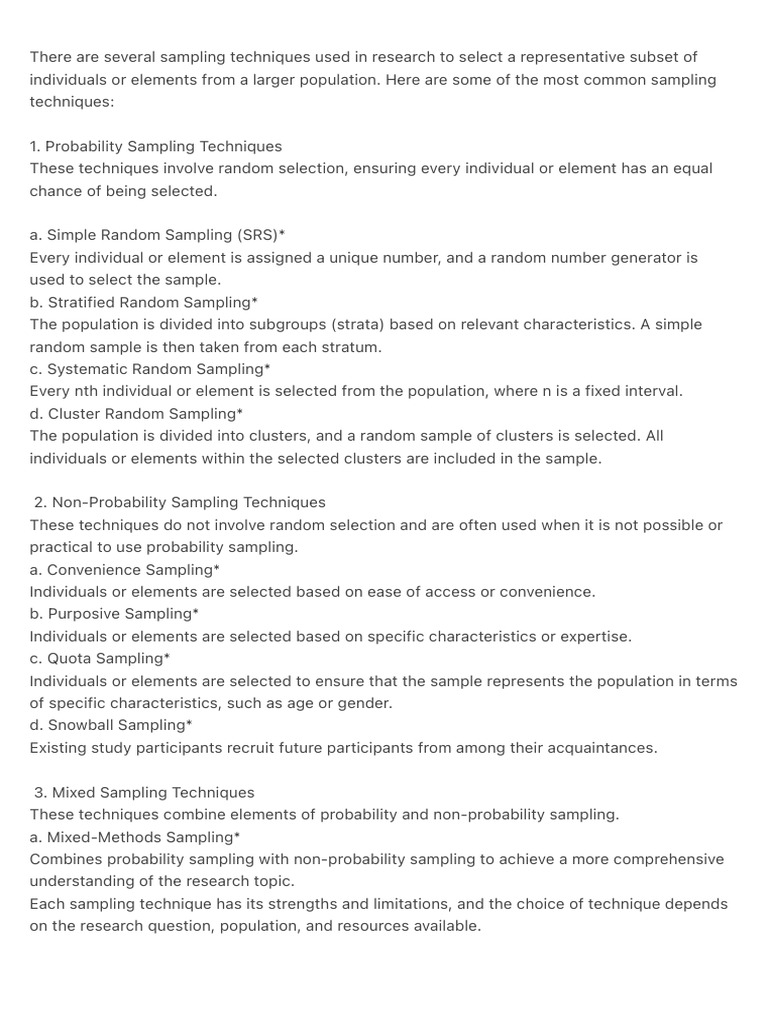 There are several sampling techniques used in research to select a… | PDF