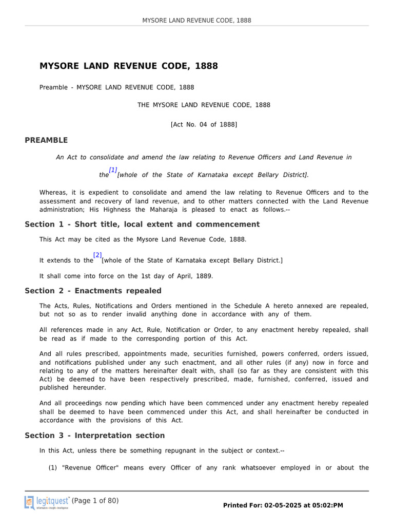 Mysore Land Revenue Code, 1888 (1) | PDF | Surety | Leasehold Estate