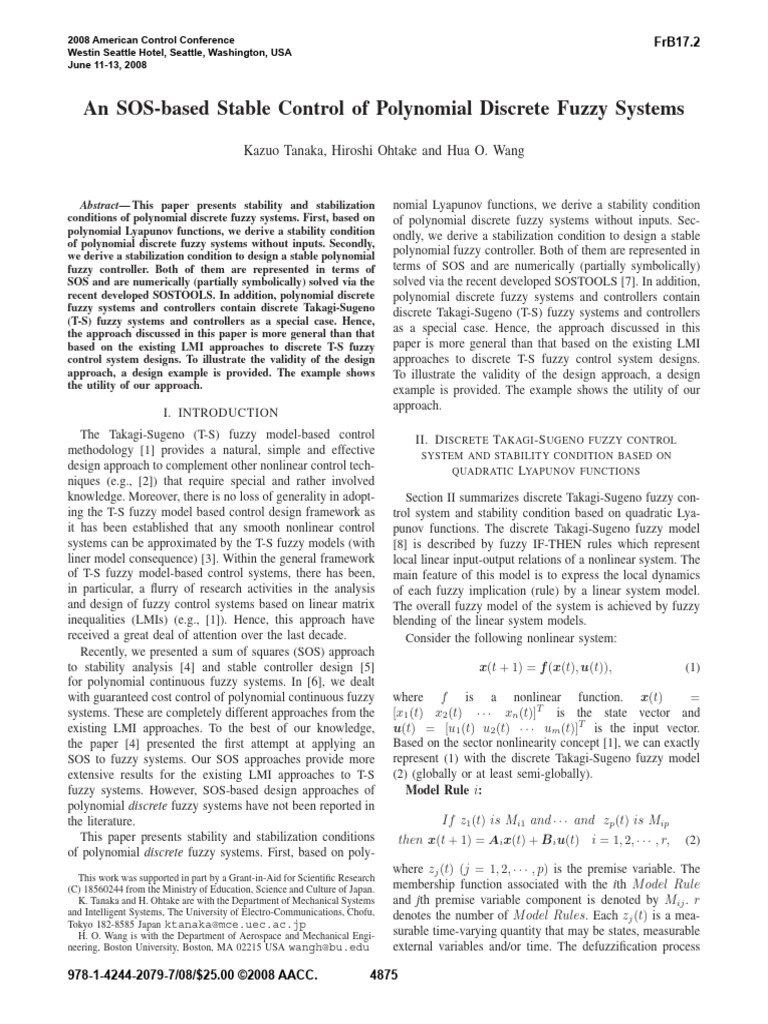 An SOS-based Stable Control of Polynomial Discrete Fuzzy Systems | PDF | Matrix (Mathematics ...
