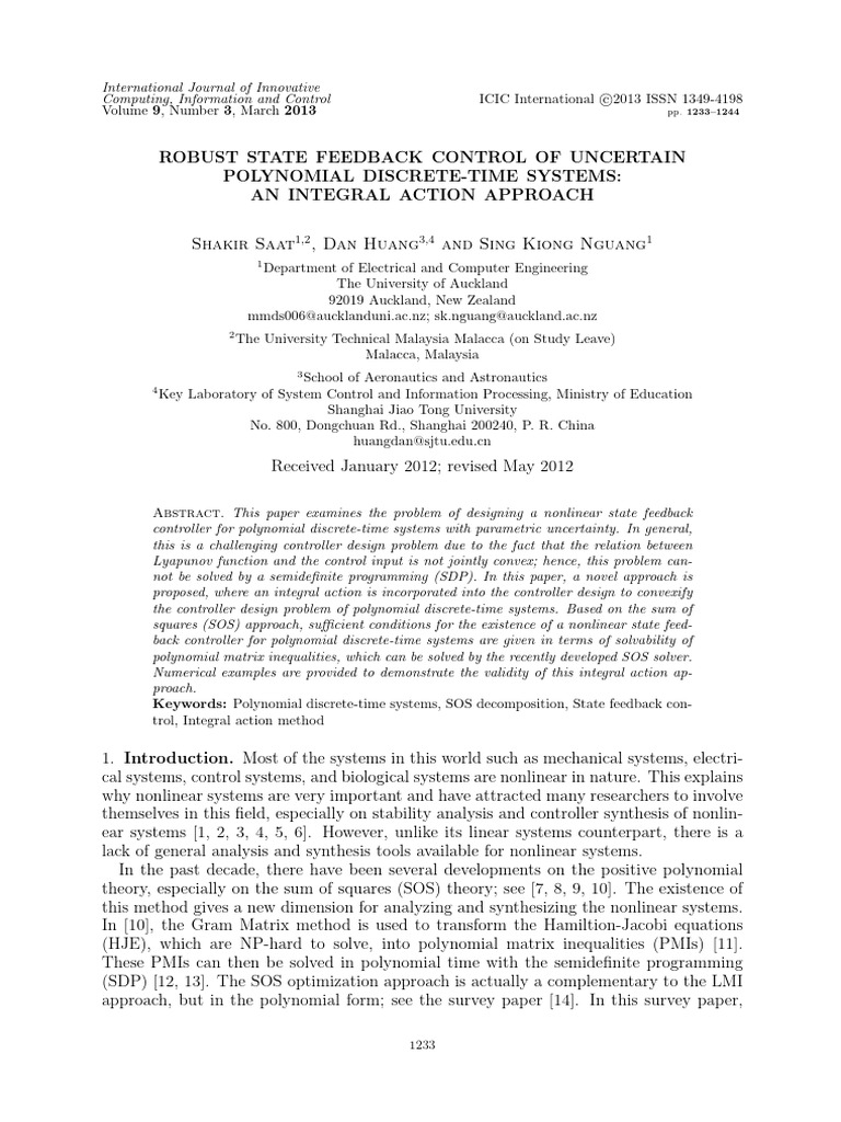 Robust State Feedback Control of Uncertain | PDF | Matrix (Mathematics) | Control Theory