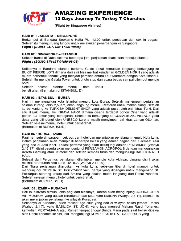 ITINERARY 12D TURKI 7 GEREJA by SQ (HMT 2025) - 250218 - 111318-1 | PDF