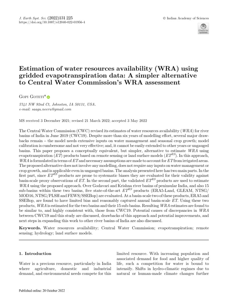 Estimation of Water Resources Availability (WRA) Using Gridded ...