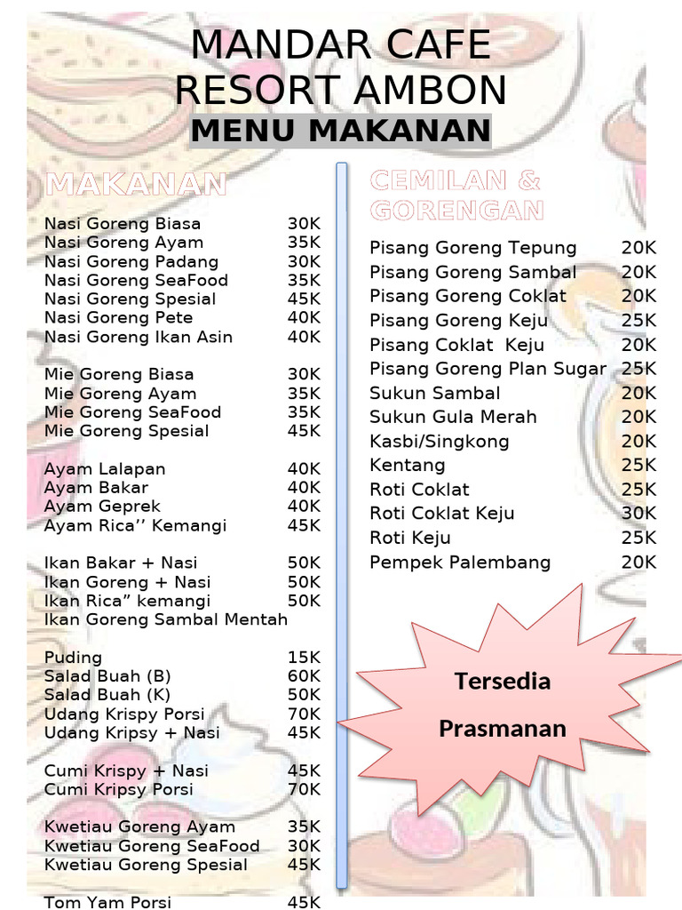 Mandar Cafe Resort Menu Overview | PDF | Indonesian Cuisine | Southeast ...