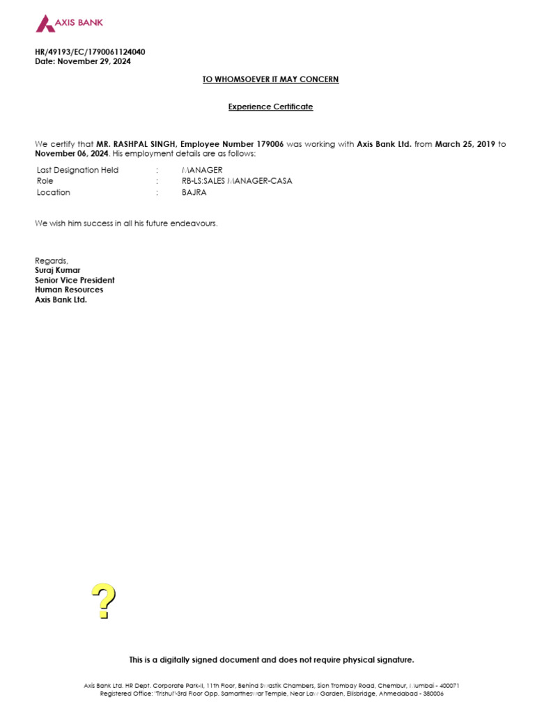 Axis Bank Experience Certificate for Rashpal Singh | PDF