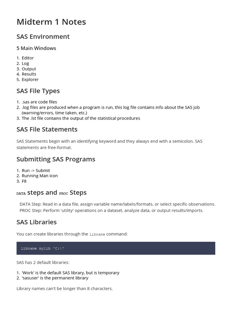 SAS Environment Midterm 1 Notes | PDF | Sas (Software) | Metadata