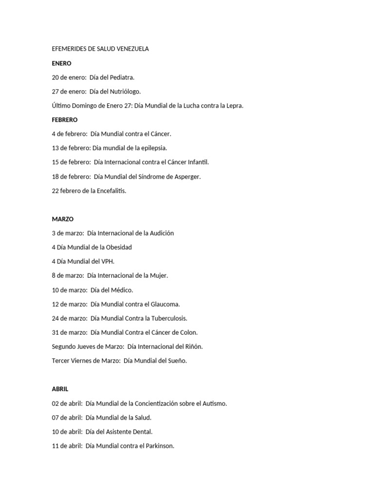 Efemérides de Salud en Venezuela 2023 | PDF | Especialidades Medicas ...