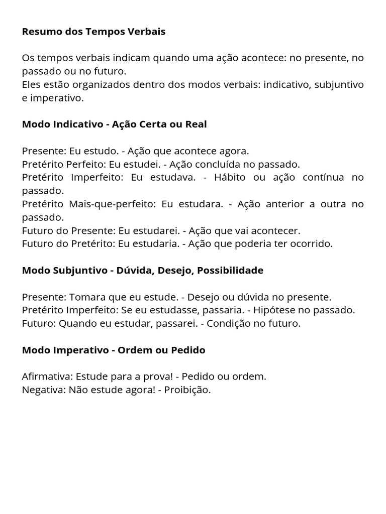 Resumo dos Tempos Verbais e Modos | PDF | Mecânica da linguagem ...