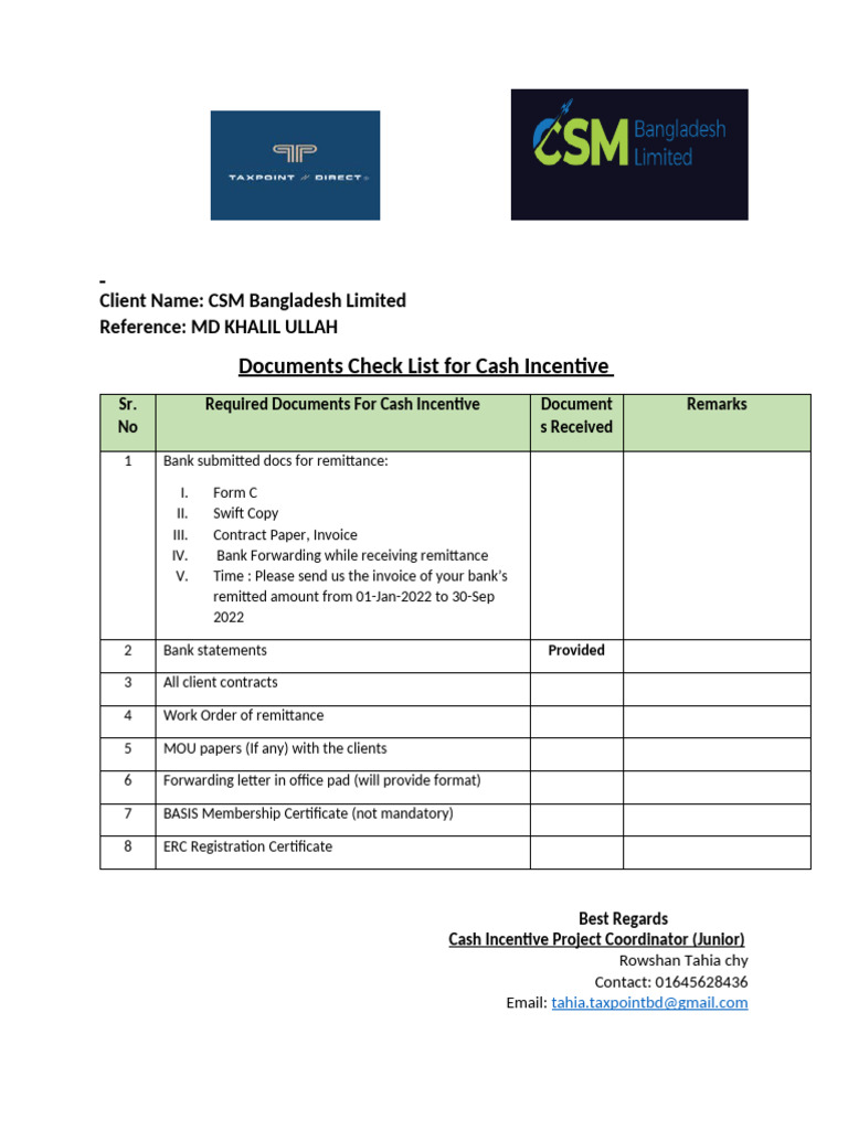 Check List For Cash Incentive | PDF