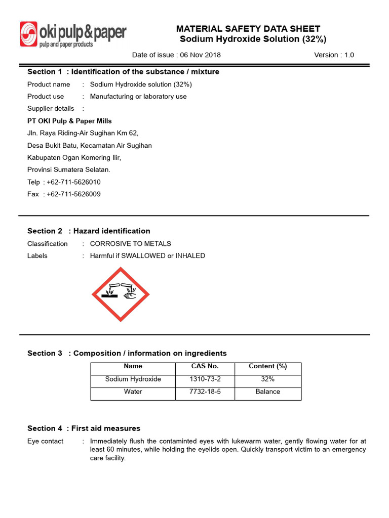 MSDS Product OKI - Sodium Hydroxide 32 - English | PDF | Acid | Sodium ...