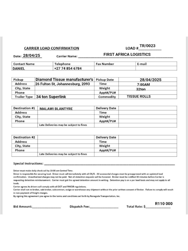 CARRIER LOAD Confirmation | PDF