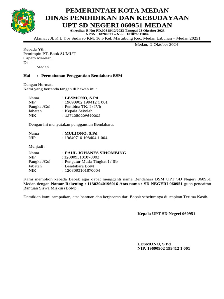 SURAT PENGGANTIAN BENDAHARA BSM | PDF