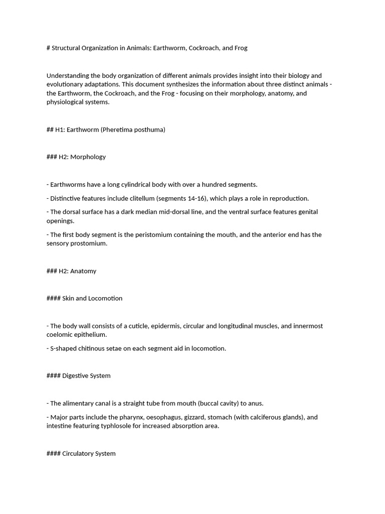 Animal Structure: Earthworm, Cockroach, Frog | PDF | Anatomy | Zoology