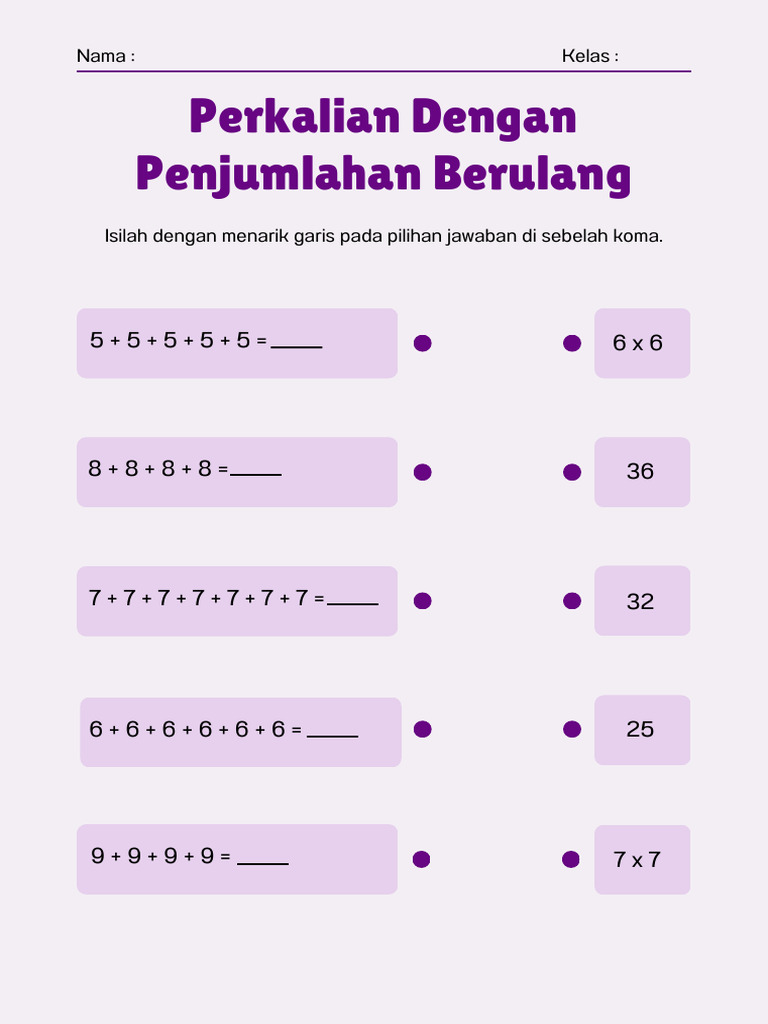 Perkalian Dengan Penjumlahan Berulang Lembar Kerja Ungu Sederharna | PDF