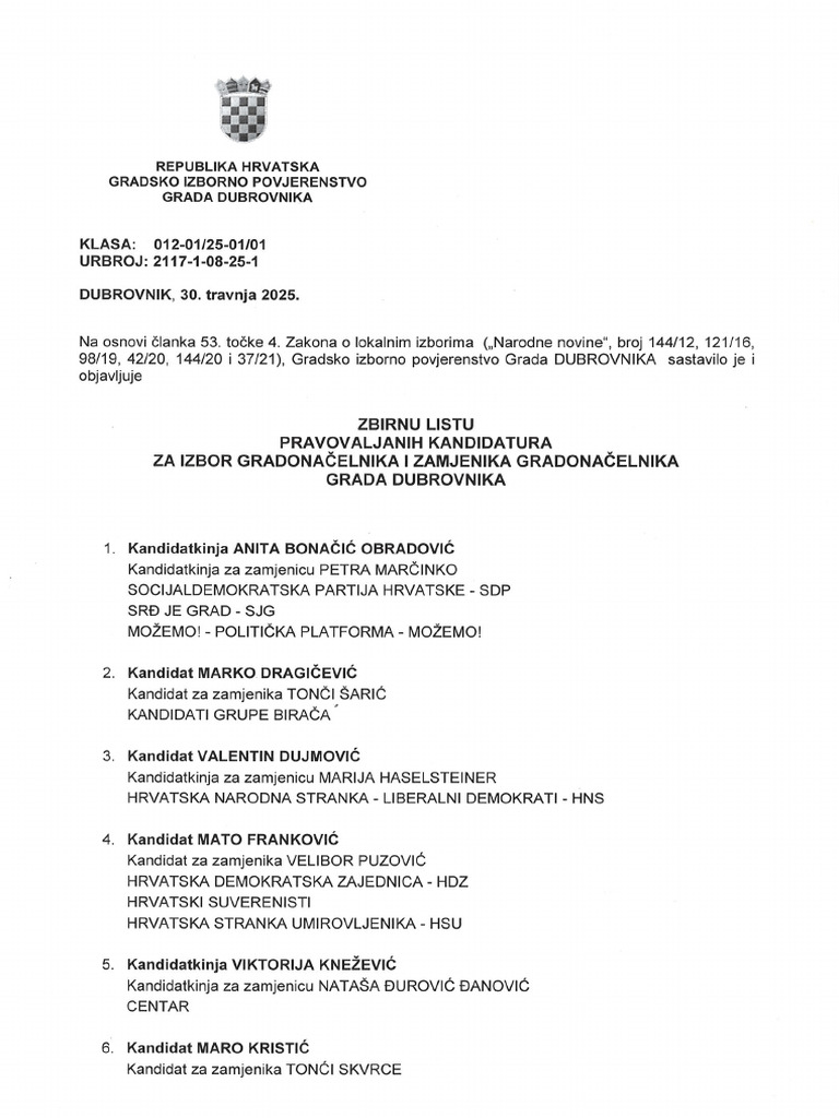 Zbirna Lista Gradonacelnik Dubrovnik | PDF