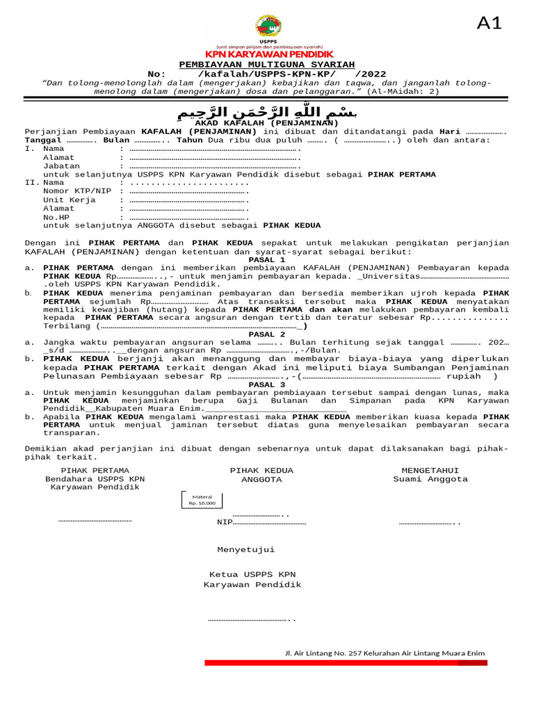 Contoh Akad Kafalah Pembiayaan Syariah | PDF