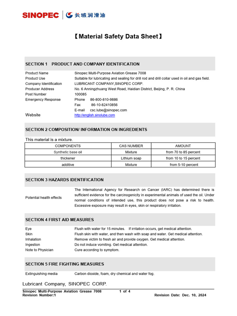 Sinopec 7008-MSDS（2024版） | PDF | Combustion | Waste Management